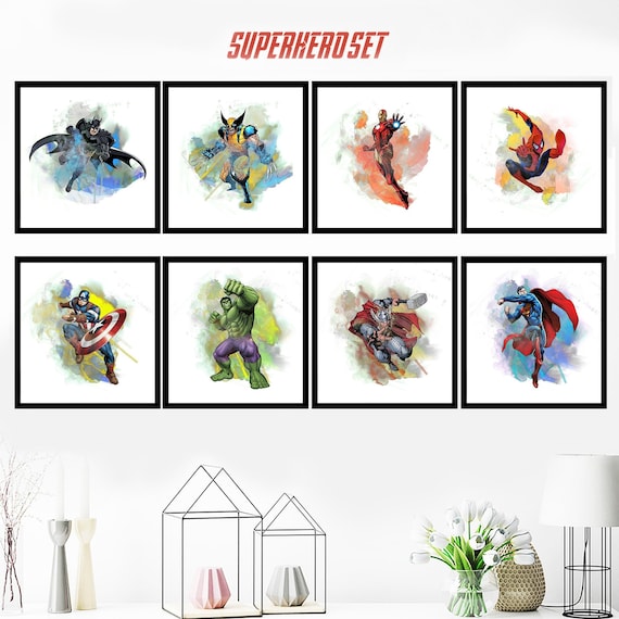Superhero Set of 8 Superhero Prints Superhero Wall Art - Etsy