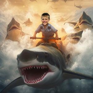 Personalized Shark With Kid Portait - Boy Riding a Shark - Great White ...