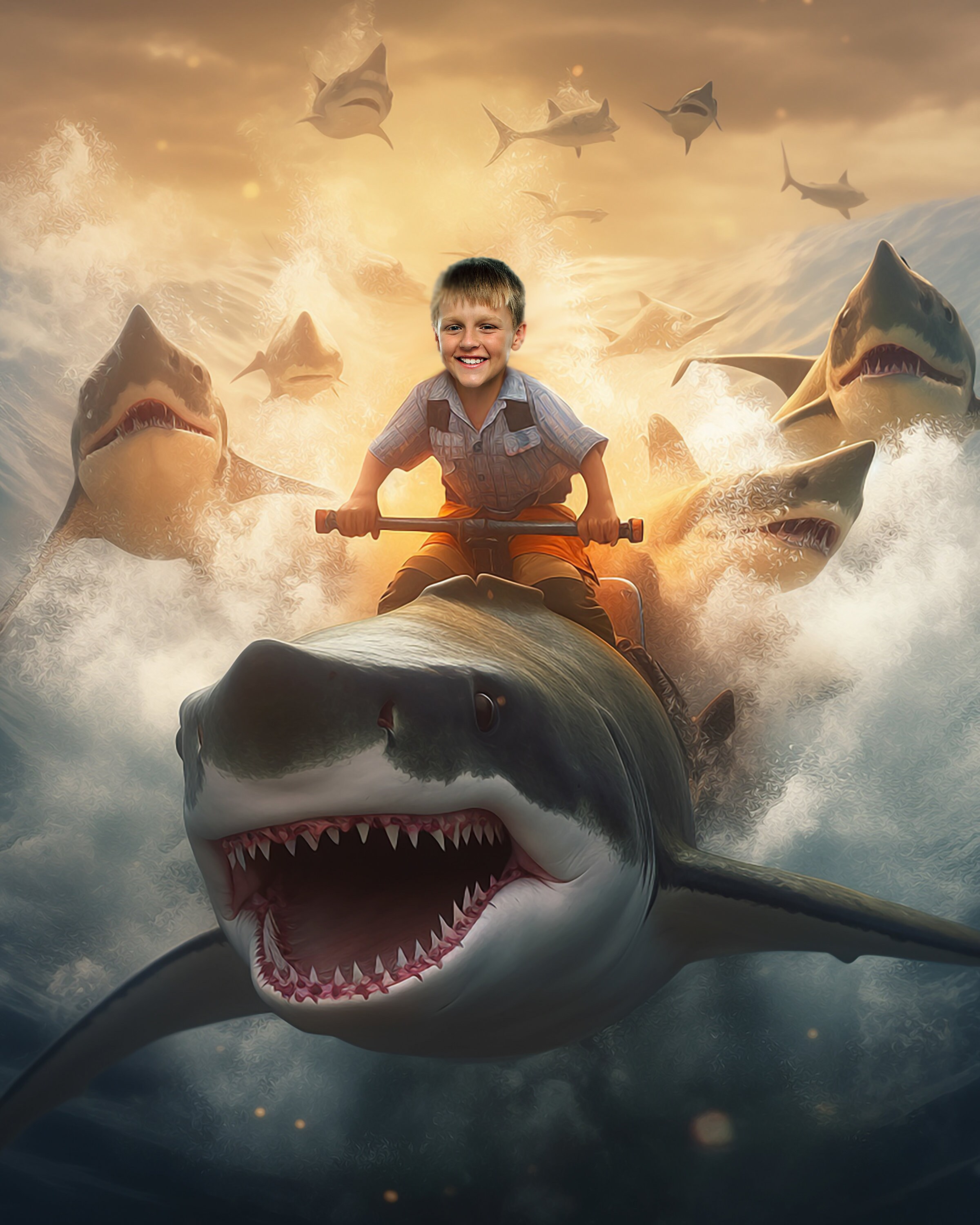 Personalized Shark With Kid Portait Boy Riding a Shark - Etsy Australia