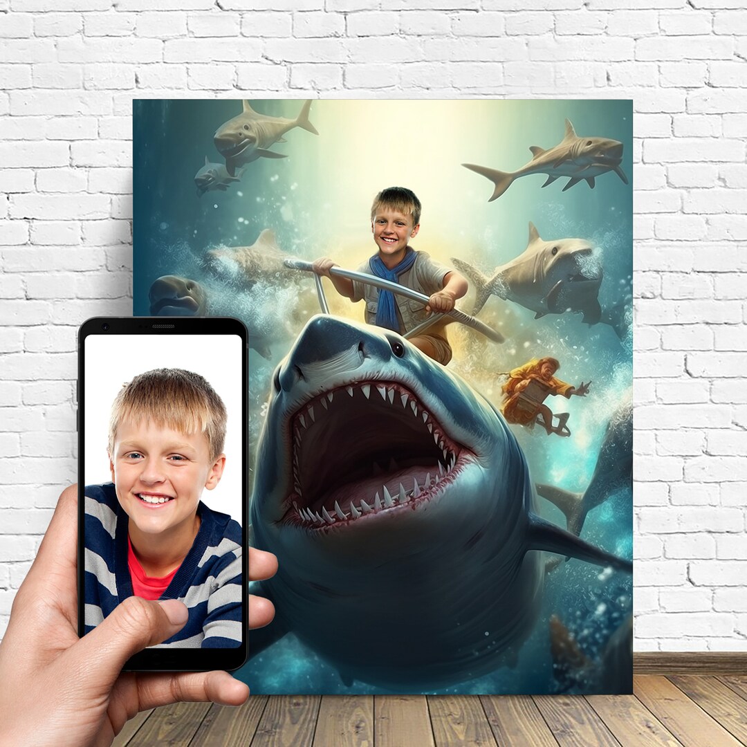 Personalized Shark With Kid Portait Boy Riding a Shark Great White ...