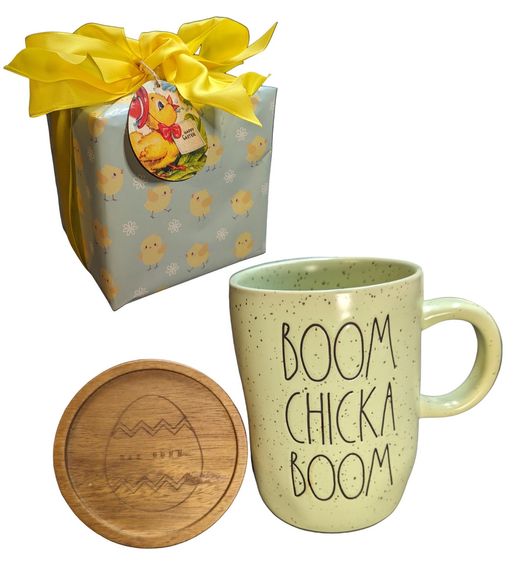 Rae Dunn Ceramic Easter BOOM CHICKA BOOM Mug With Wooden Lid/coaster - Etsy