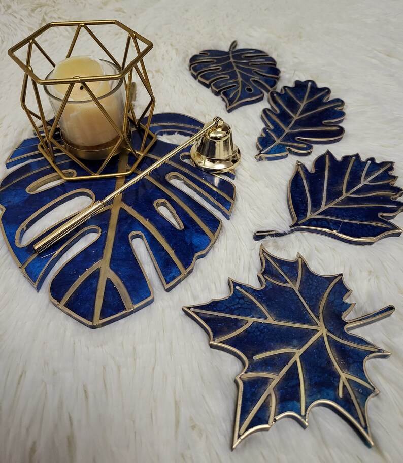 5 Piece Monstera Resin Leaf Tray With Coasters Set of 4, Vanity Tray ...