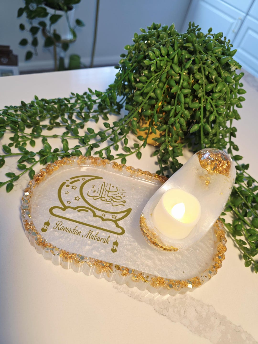 Ramadan Mubarak Resin Decor Set | Mini Ramadan Tray & Moon Candle ...