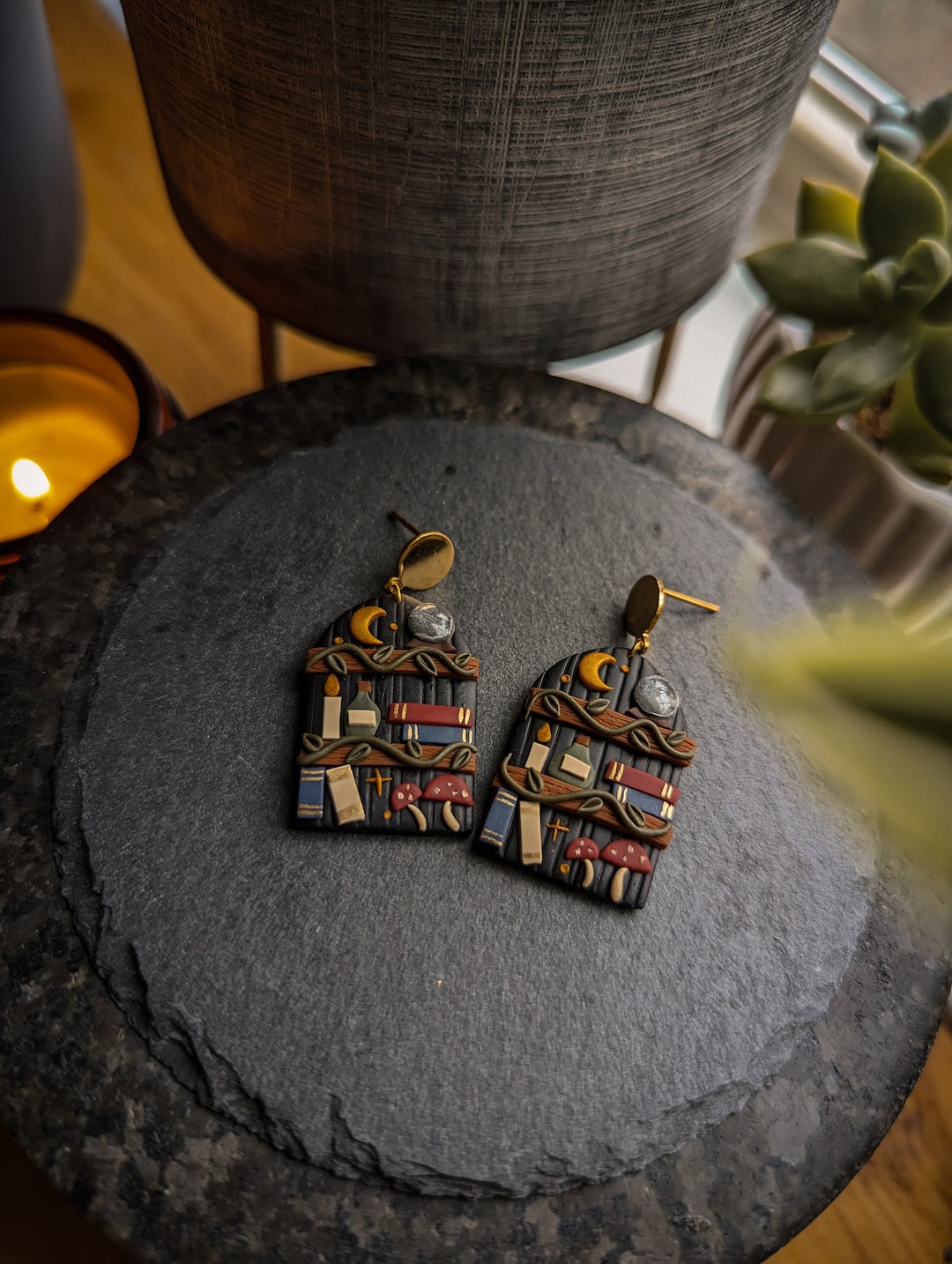 Mystical Bookshelf Earrings | Dark Cottagecore Moon Spells Mushroom ...