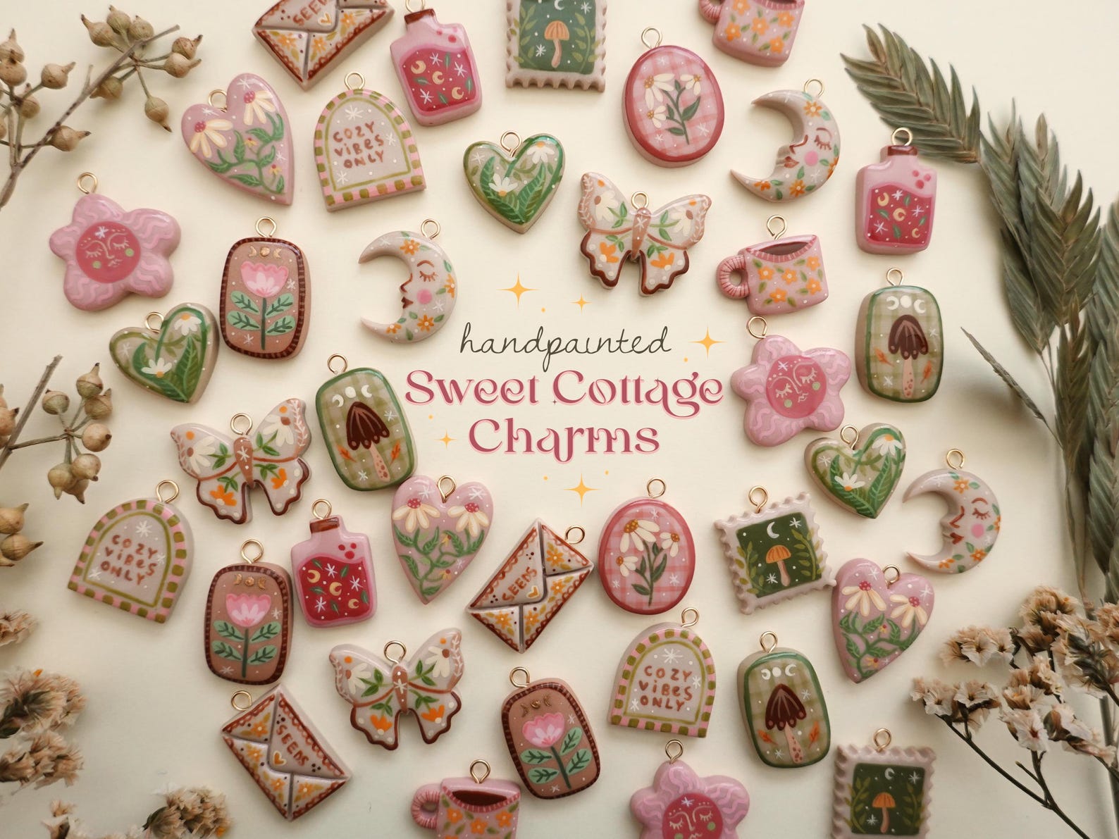 Hand-painted Clay Sweet Cottage CHARMS Only, for Necklace or Earrings ...