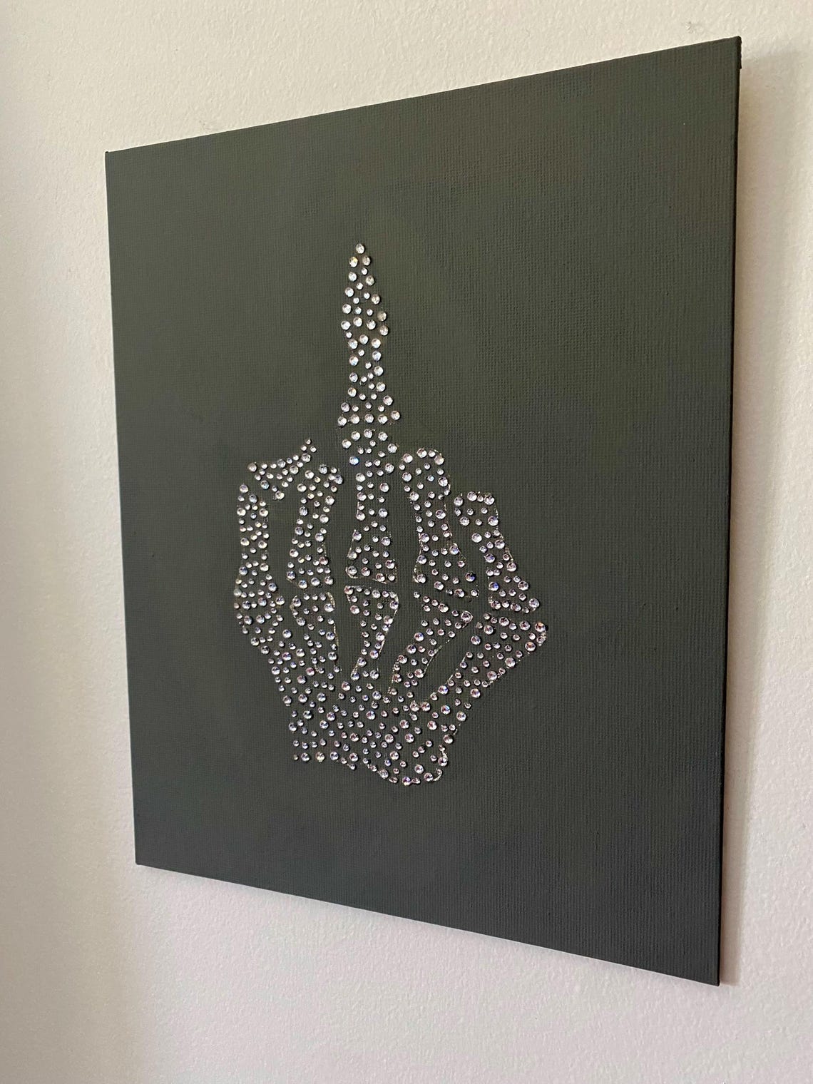 Bling Bedazzled Skeleton Middle Finger Rhinestone Glitter Canvas Art ...
