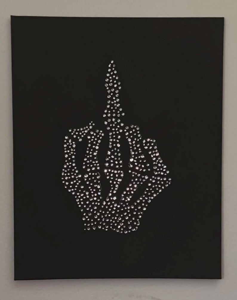 Bling Bedazzled Skeleton Middle Finger Rhinestone Glitter Canvas Art ...