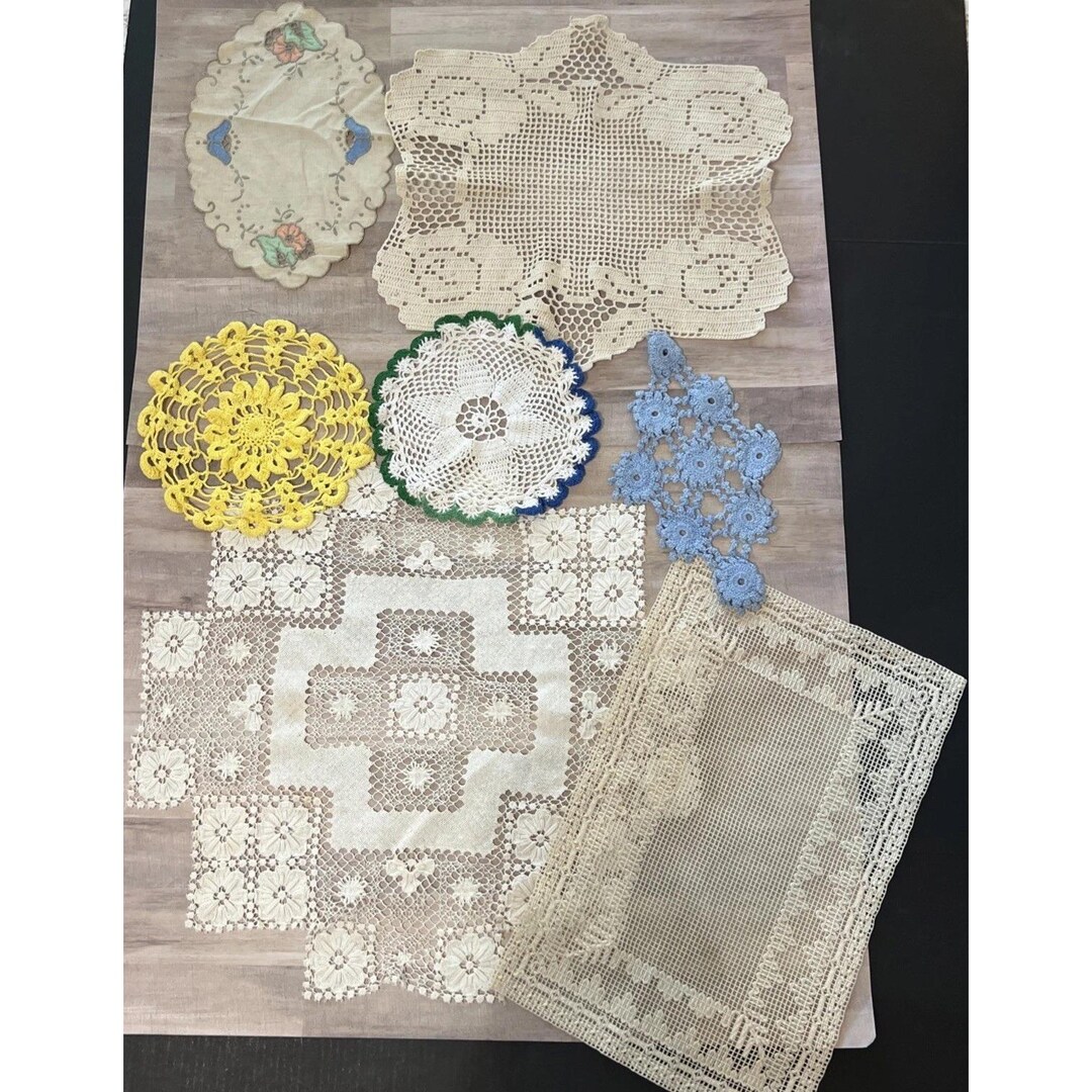Lot 7 Mixed Crochet Doily Table Linens Colorful Centerpiece Large Small ...