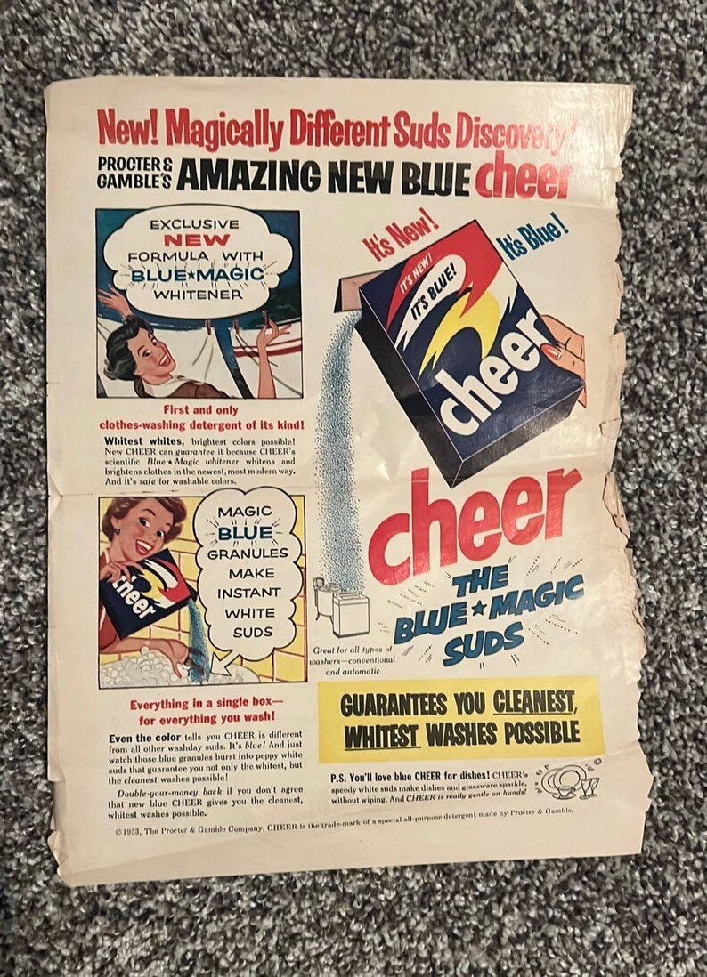 Cheer Laundry Detergent Magazine Ad 1953 / Caloric Range Ad on Backside ...