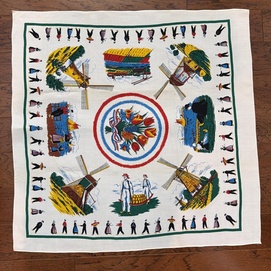 Vintage Tablecloth Scarf Dancing Dutch Boys Girls Tulips Windmills ...