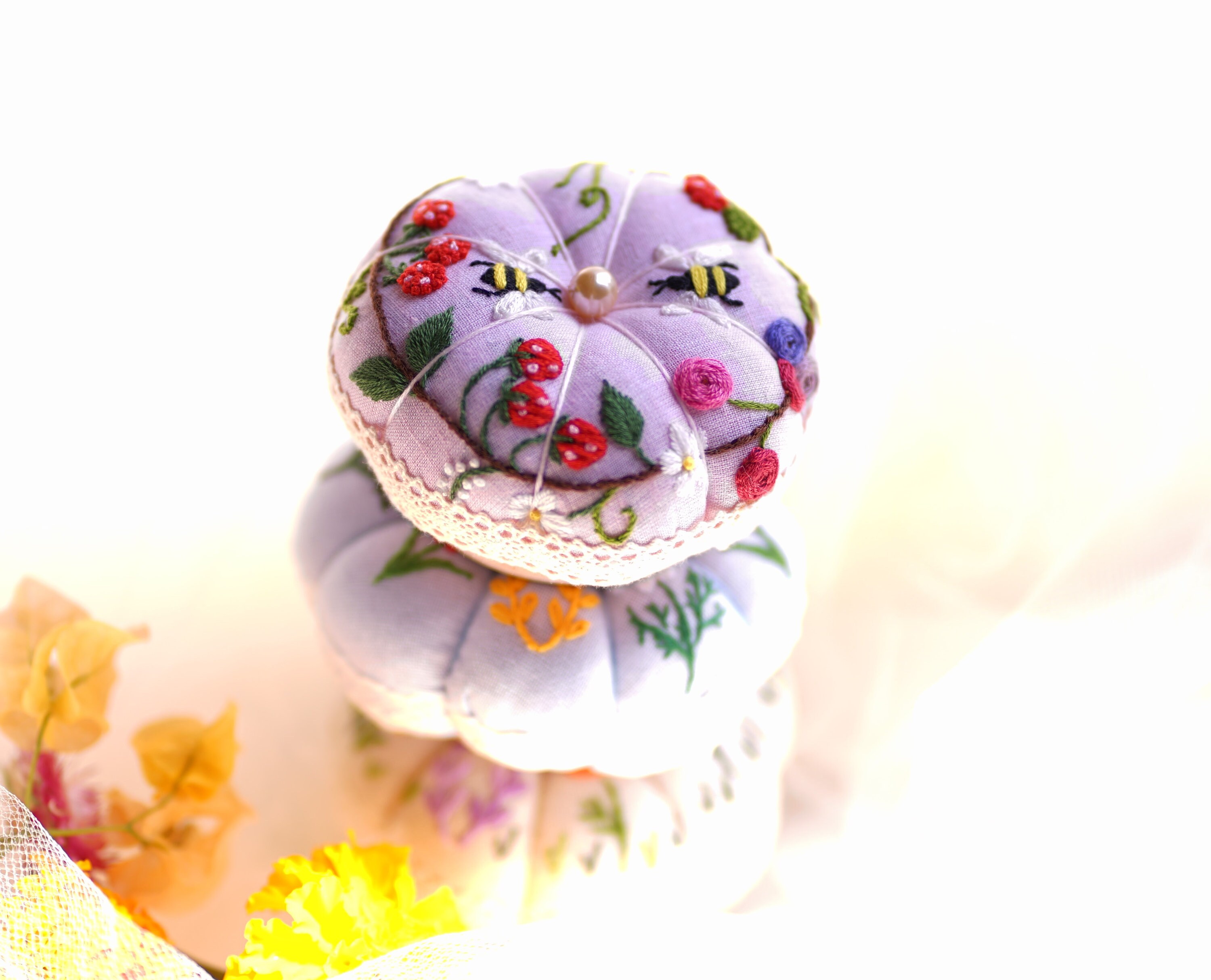 Wildflower Embroidered Pincushion Handmade, Round Pincushion, Pin ...