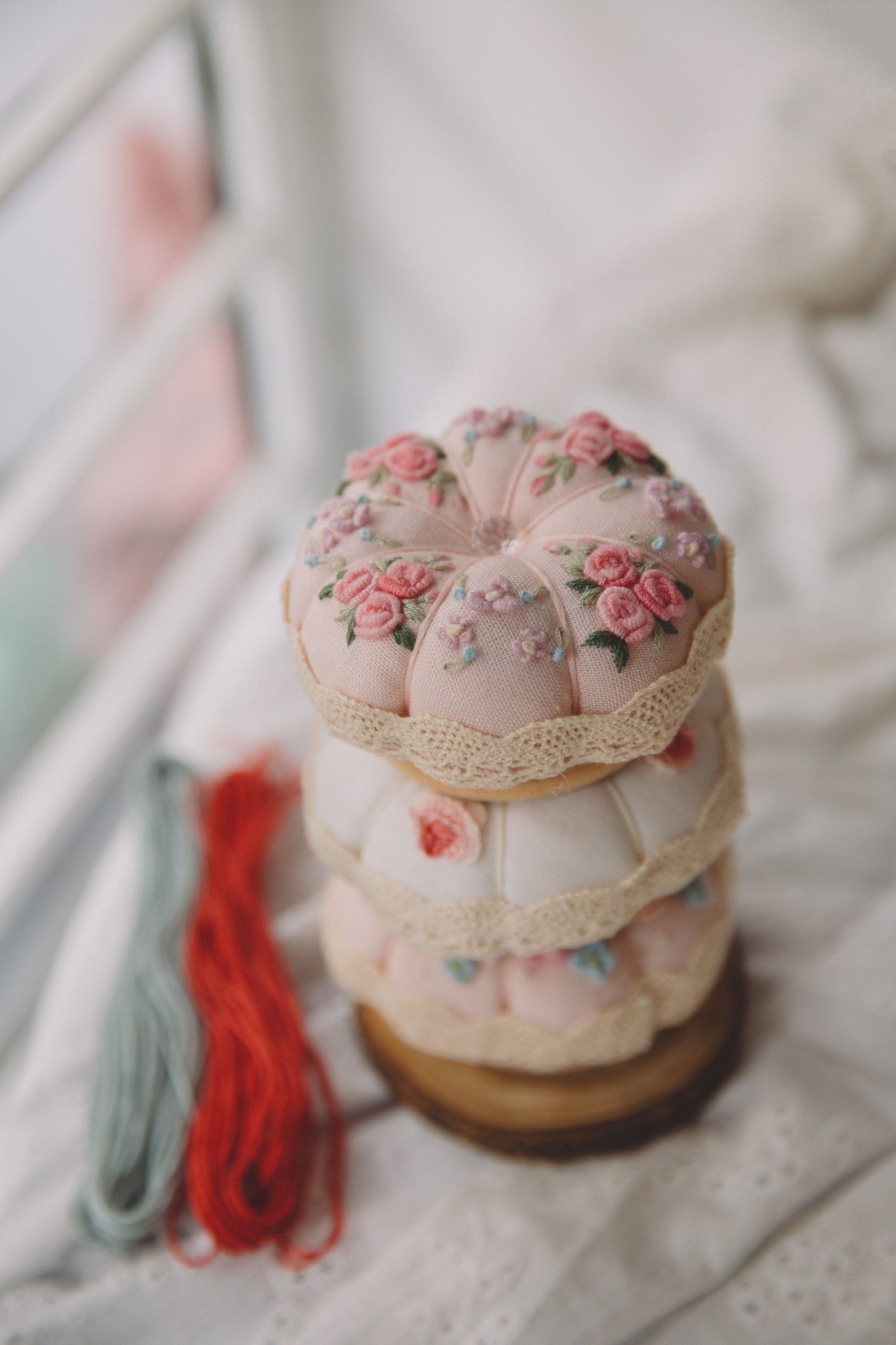 Floral Embroidered Pincushion Handmade, Round Pincushion, Pin Accessory ...