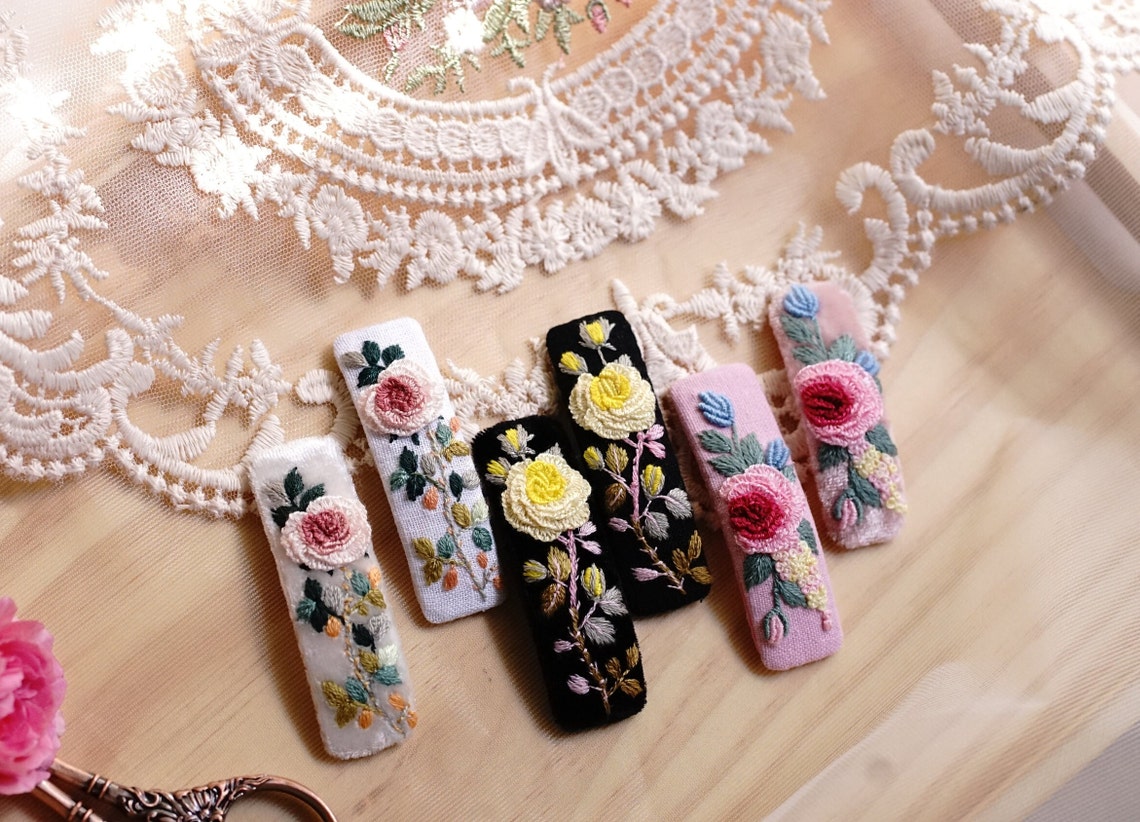 Hand Embroidered Rose Hair Clip Antique Rose Hair Accessories Vintage ...