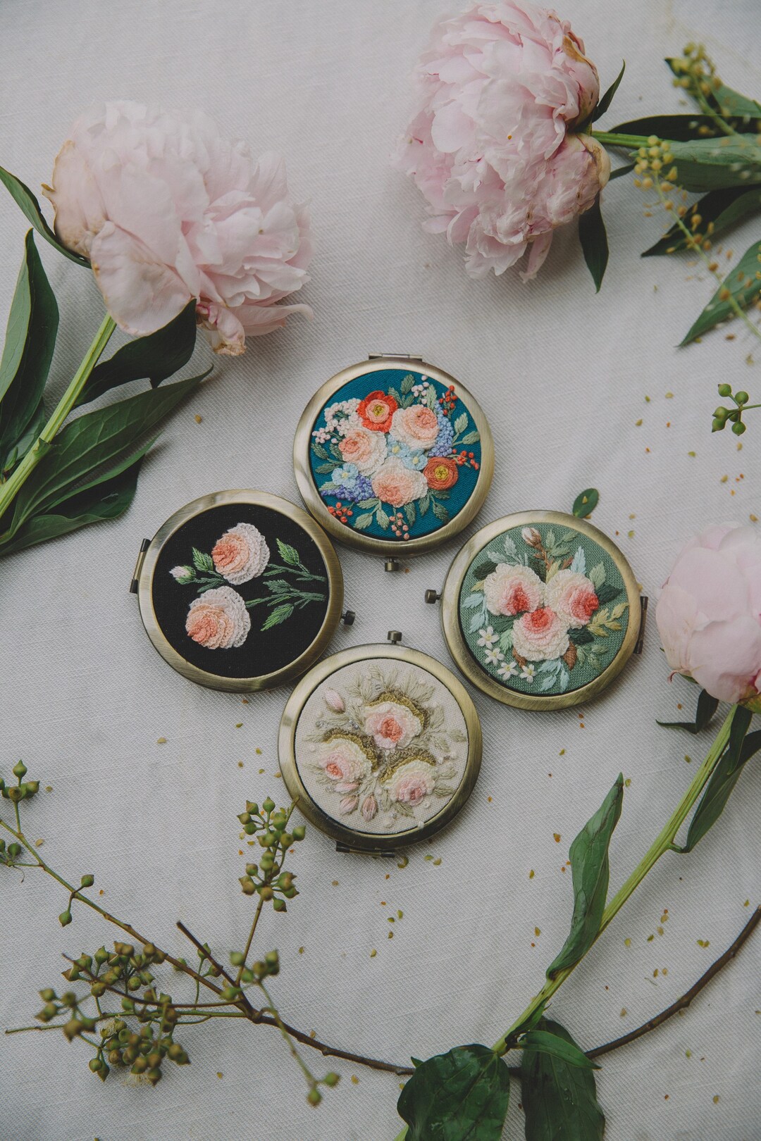 Vintage Roses Hand Embroidered Compact Mirror - Gift for Her - Pocket ...