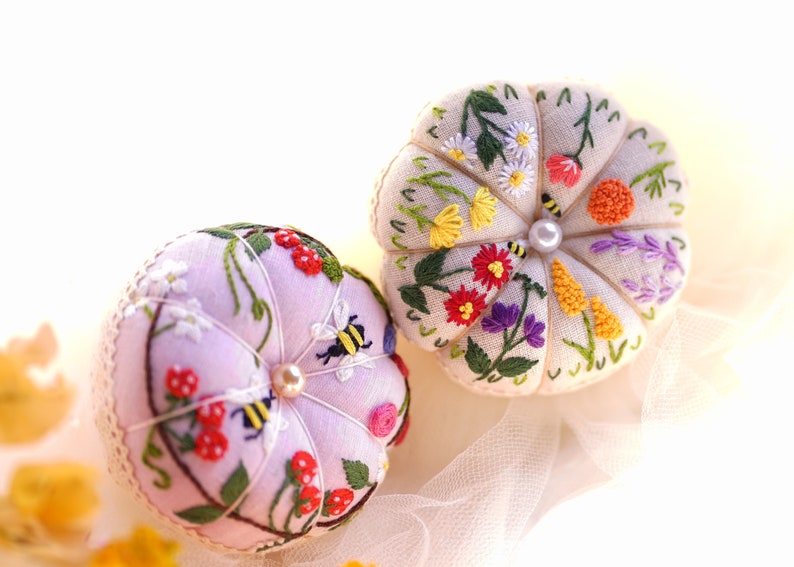 Wildflower Embroidered Pincushion Handmade, Round Pincushion, Pin ...