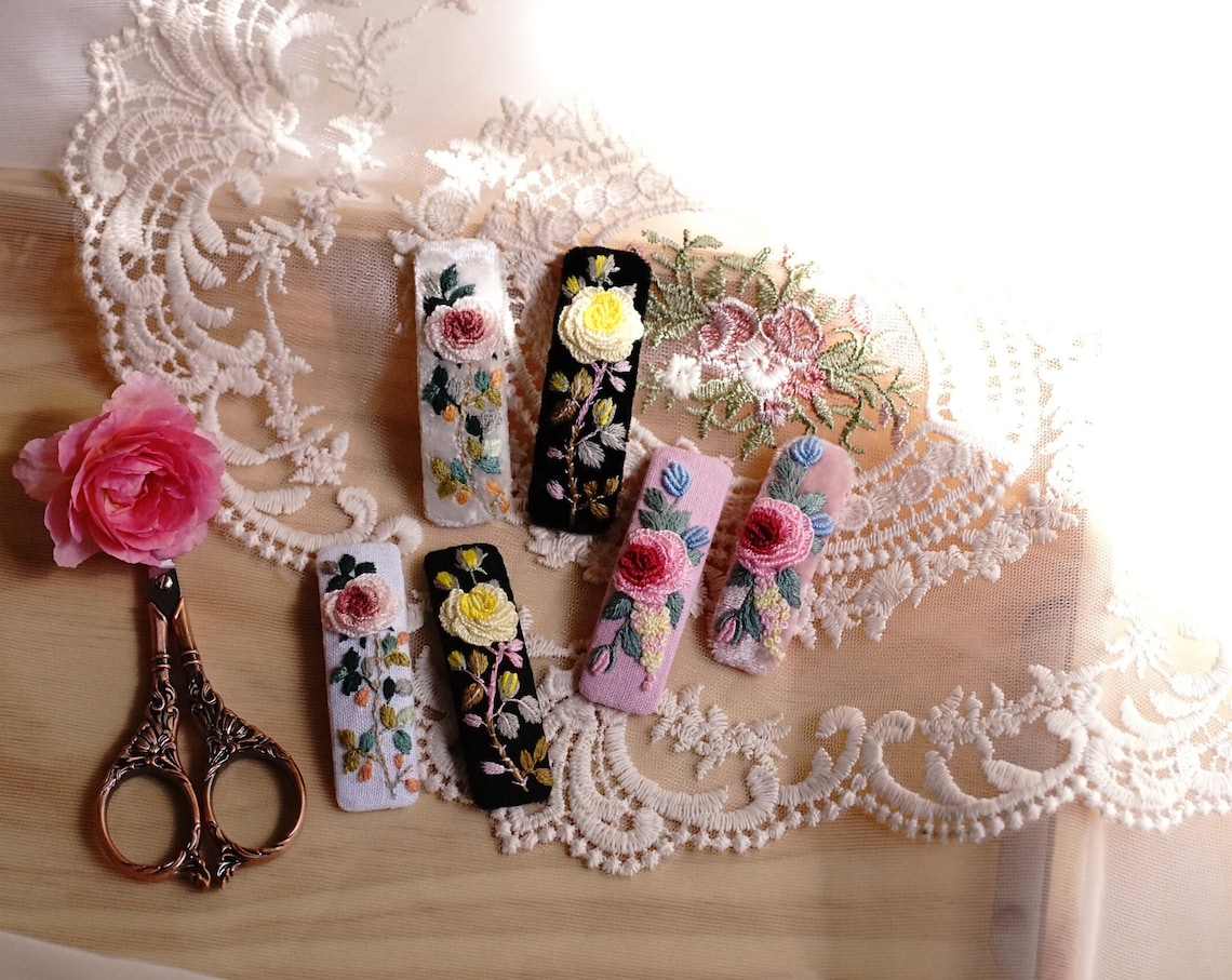 Hand Embroidered Rose Hair Clip Antique Rose Hair Accessories Vintage ...