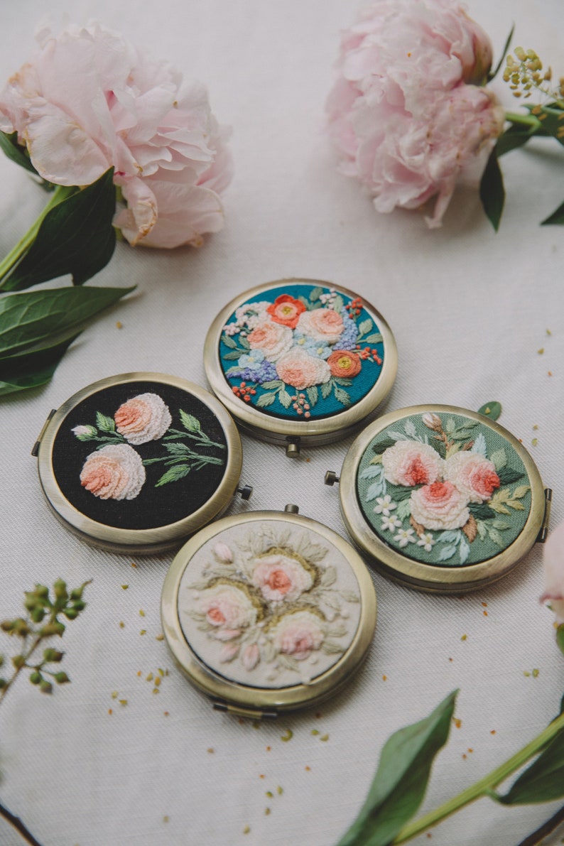 Vintage Roses Hand Embroidered Compact Mirror - Gift for Her - Pocket ...