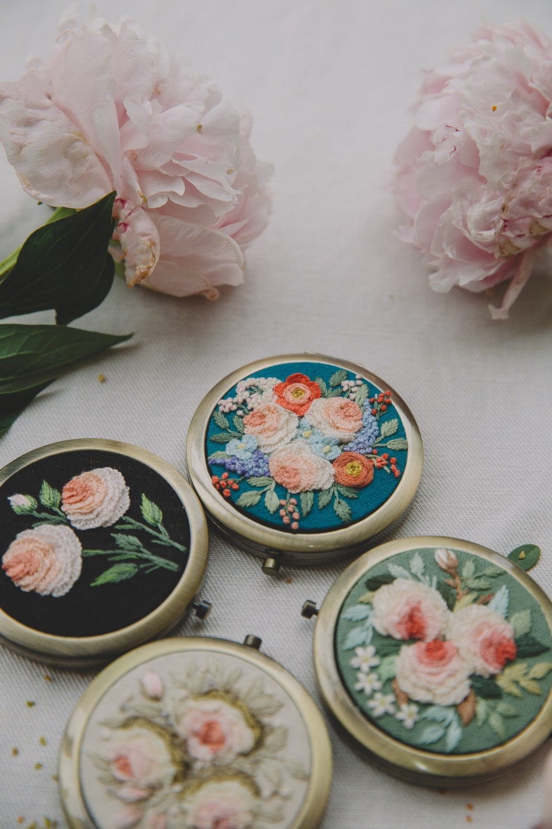 Vintage Roses Hand Embroidered Compact Mirror - Gift for Her - Pocket ...