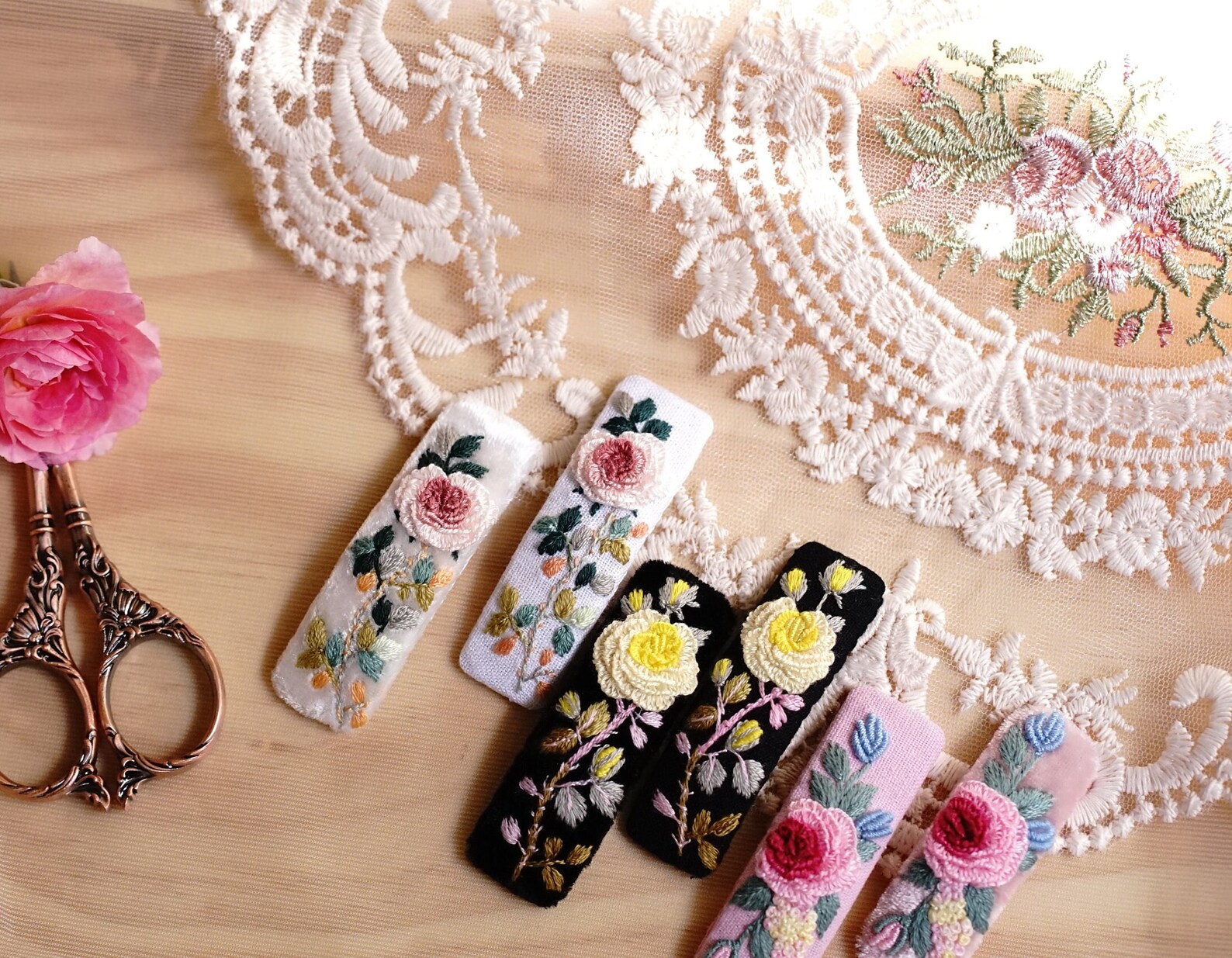 Hand Embroidered Rose Hair Clip Antique Rose Hair Accessories Vintage ...