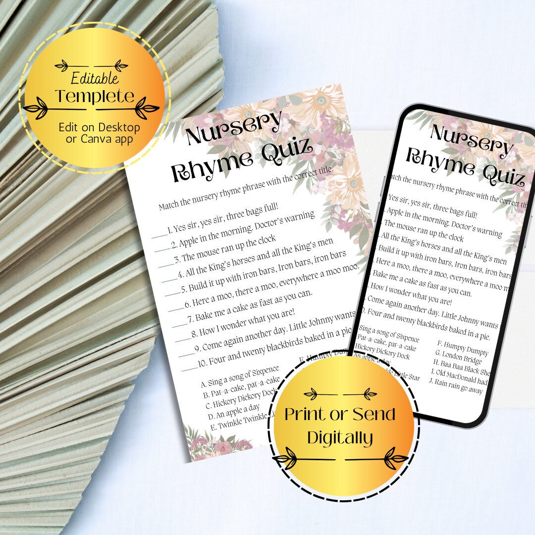 Baby Shower Game Nursery Rhyme Quiz Game | Baby Shower Games Printable ...