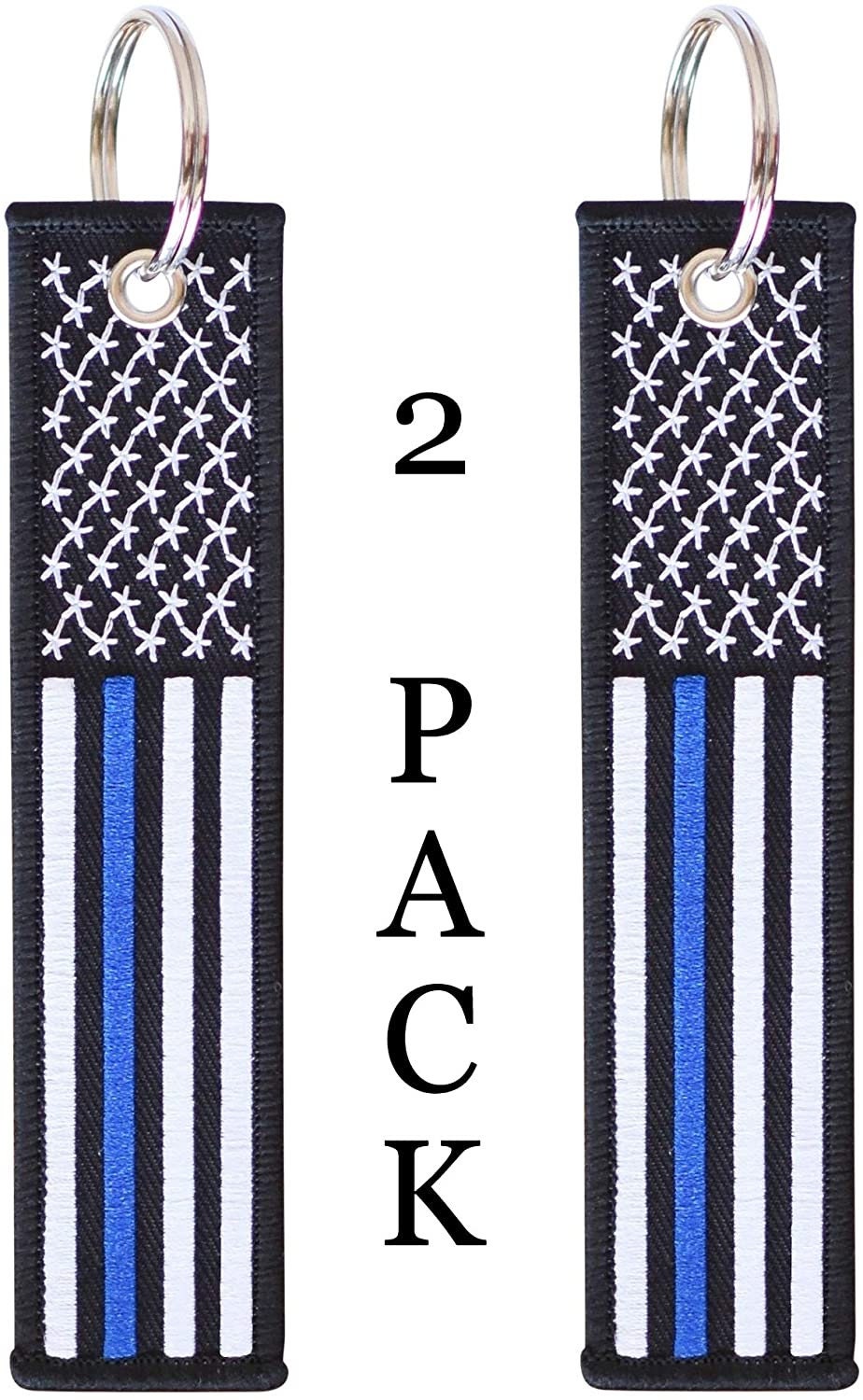 2-PK Thin Blue Line American Flag Keychain Tag With Key Ring ...