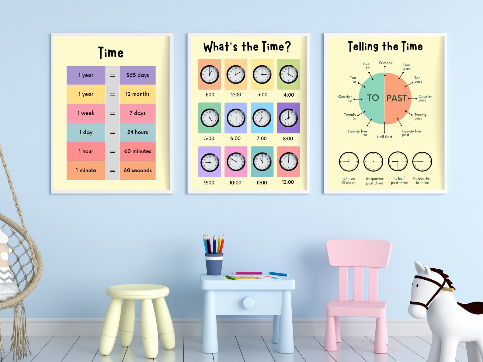 Telling Time Clock Educational Poster for Kids, Educational Posters Set ...