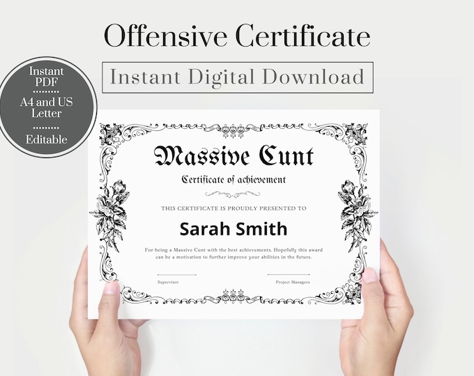 Offensive Editable Certificate, Printable Offensive Certificate ...