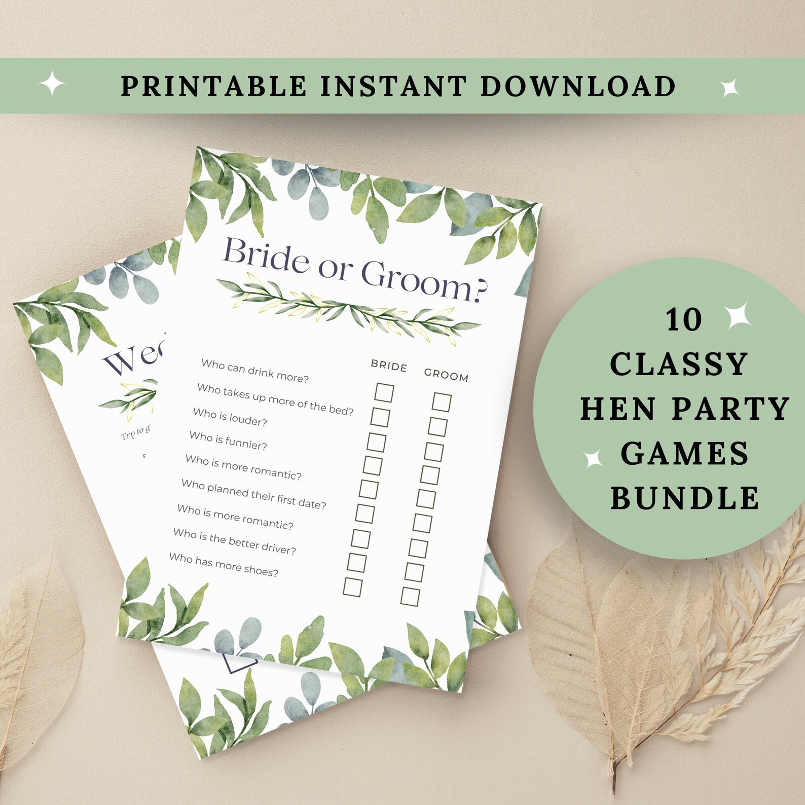 Classy Hen Party Games Bundle: Foliage Design (PDF Digital Download) - Etsy