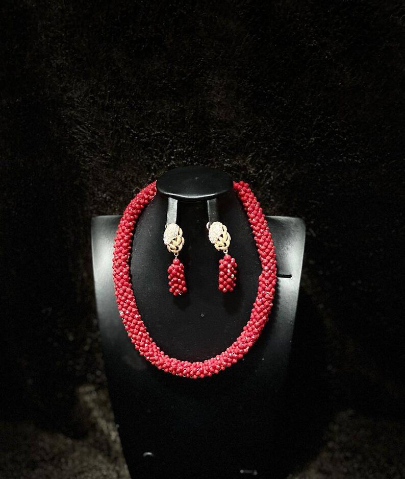 Red Beaded Jewelry Set - Etsy