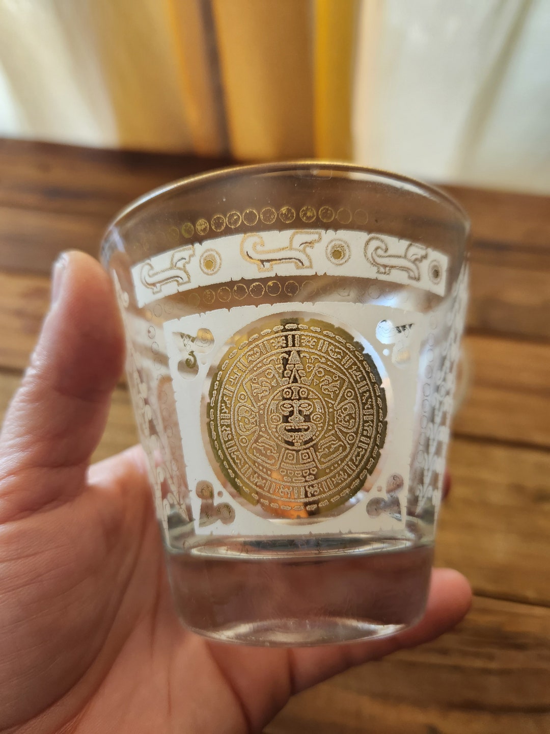 Vintage Set of 2 Hazel Atlas Aztec Mandala Gold & White Whiskey Glasses ...