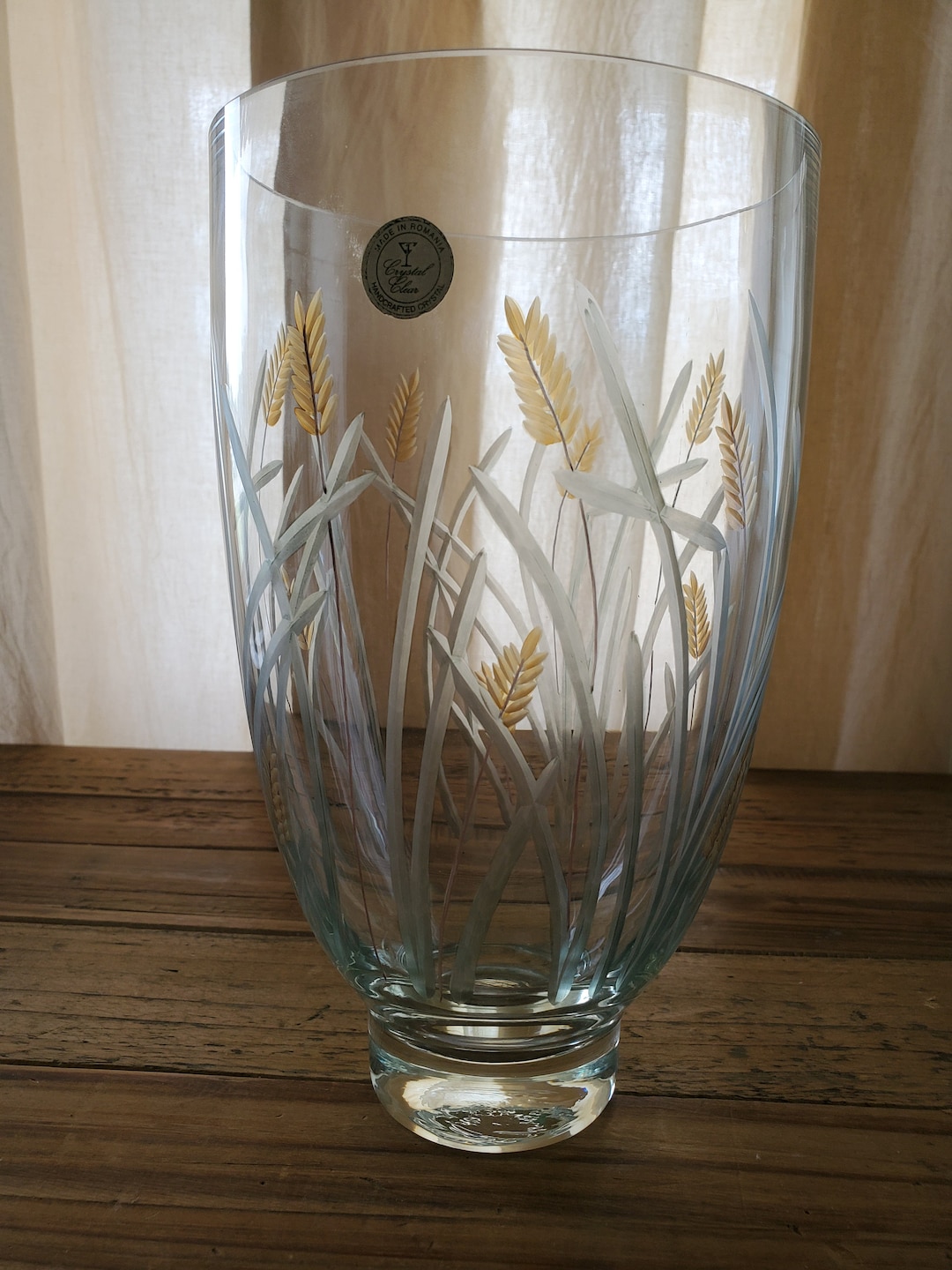 Large Vintage Romania Crystal Etched Glass Wheat Grass Vase - Etsy