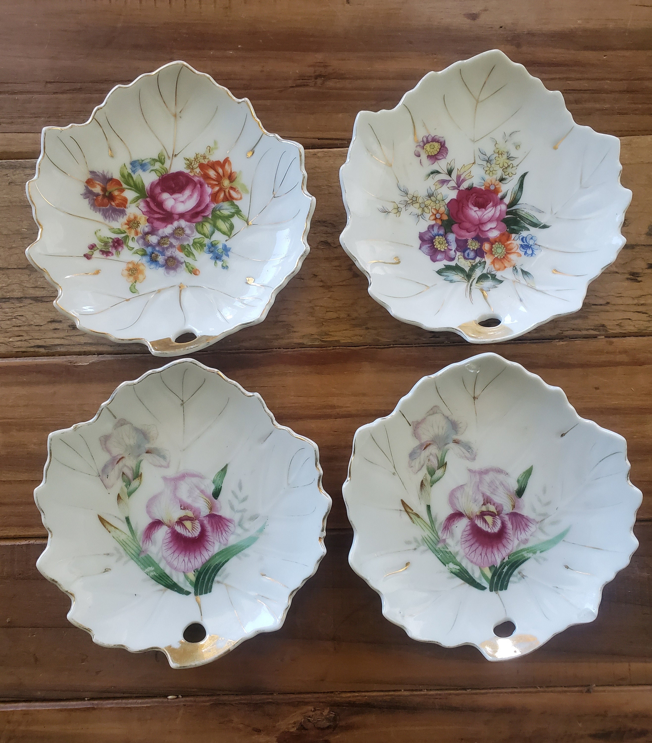 Set of 4 Japanese Nasco Hand Painted Porcelain Floral Leaf Shaped Gold ...