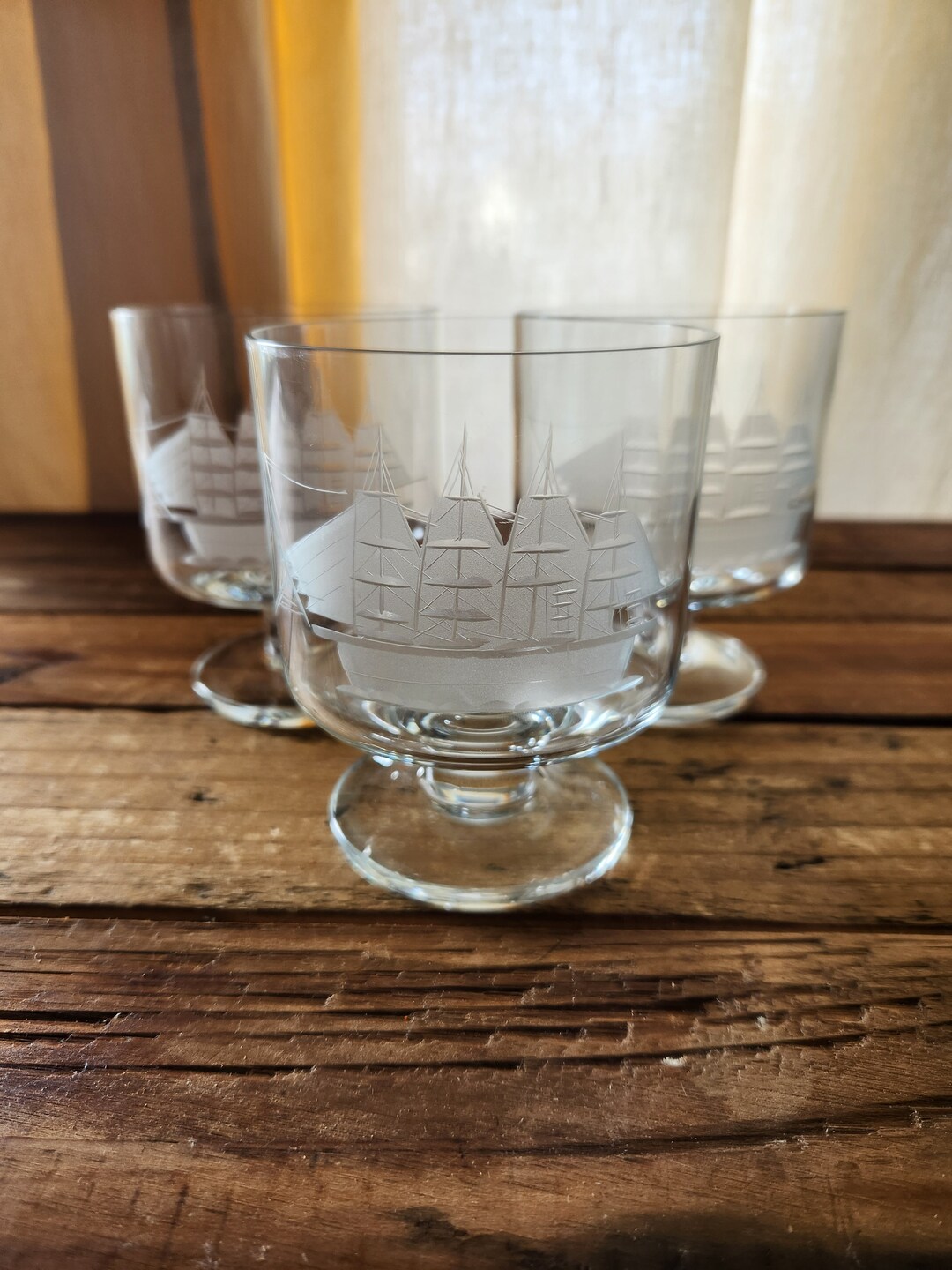 Vintage Toscany Romania Set of 3 Nautical Etched Glass Clipper Ship ...