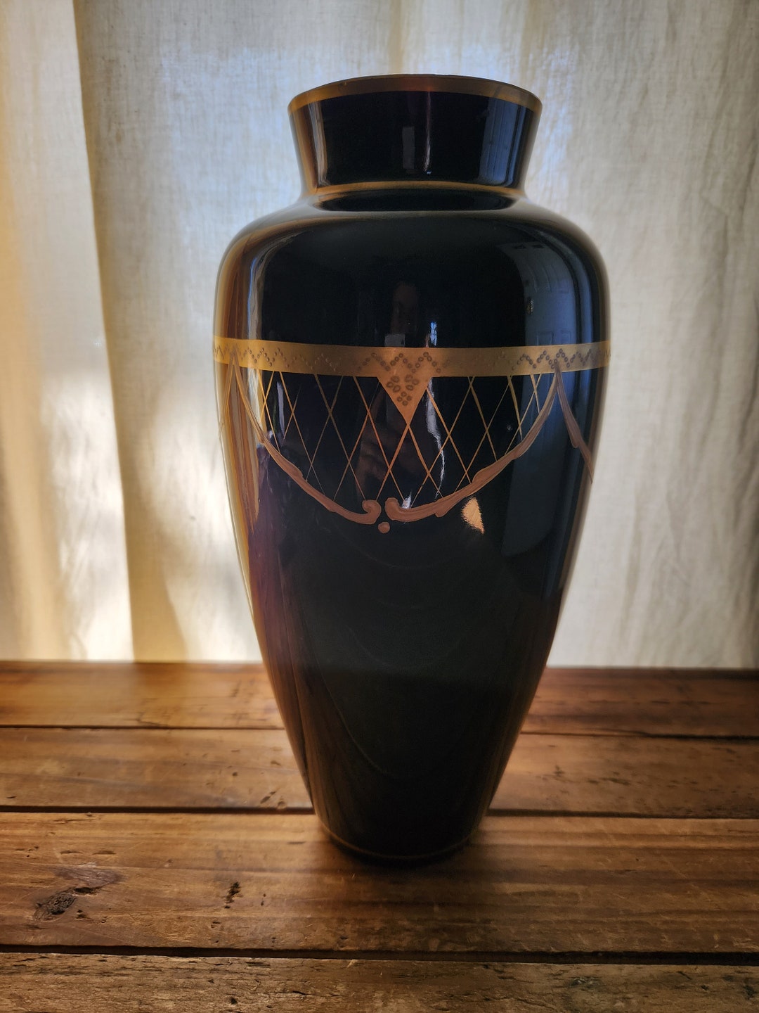 Tall Gold Trimmed Black Glass Urn Style Vase - Etsy