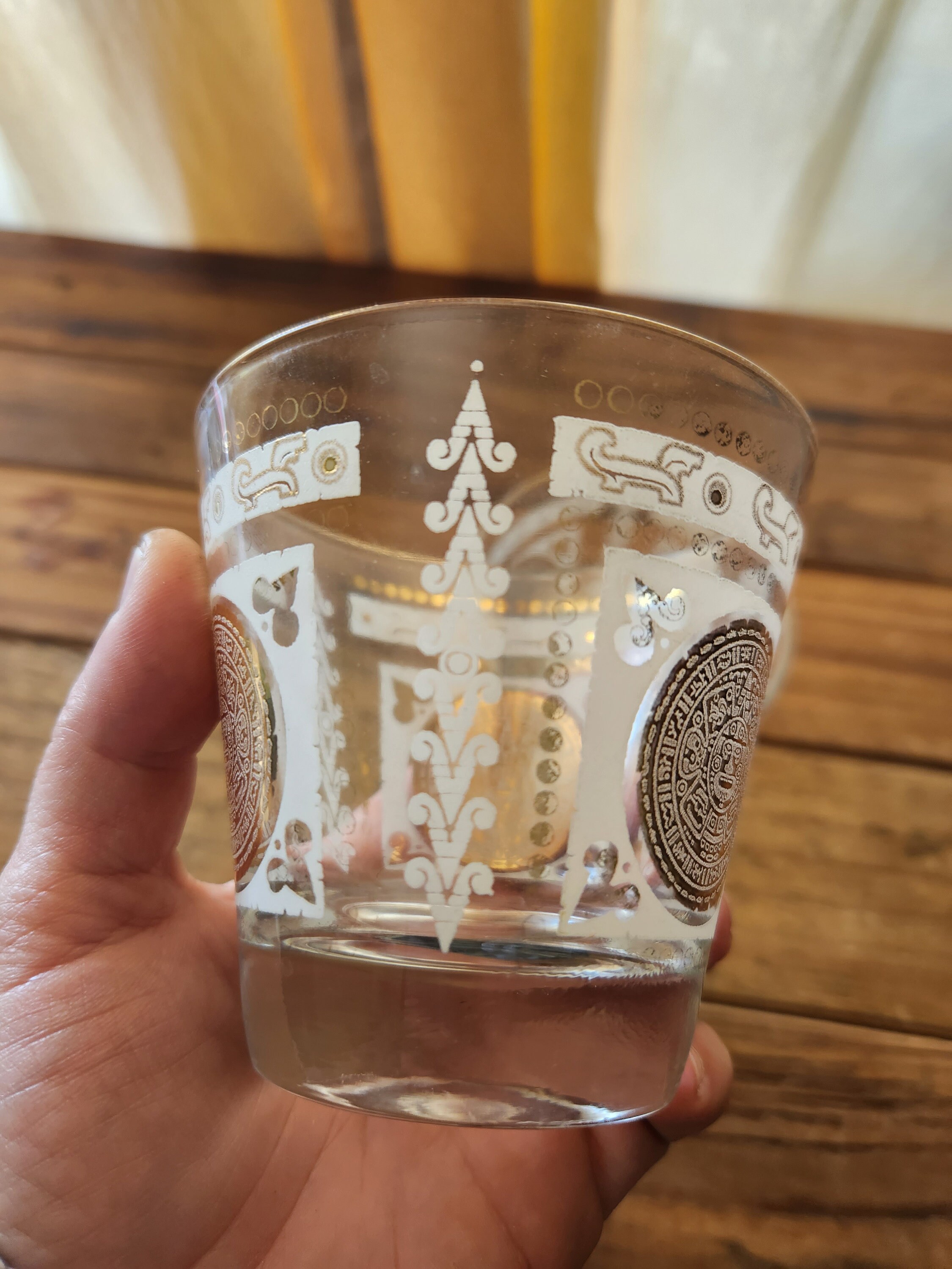 Vintage Set of 2 Hazel Atlas Aztec Mandala Gold & White Whiskey Glasses ...