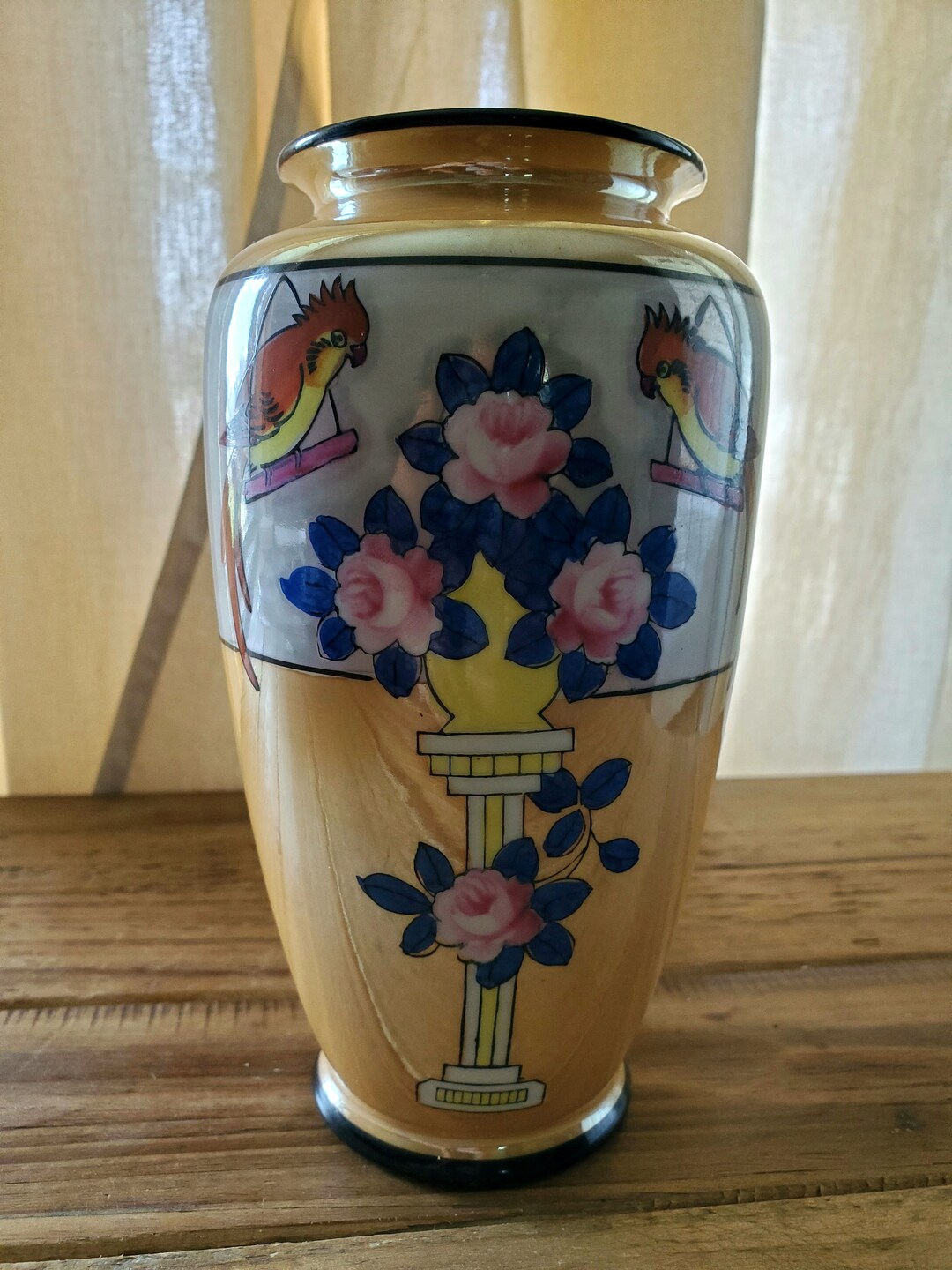 Large Japanese Lusterware Parrot & Rose Porcelain Vase - Etsy