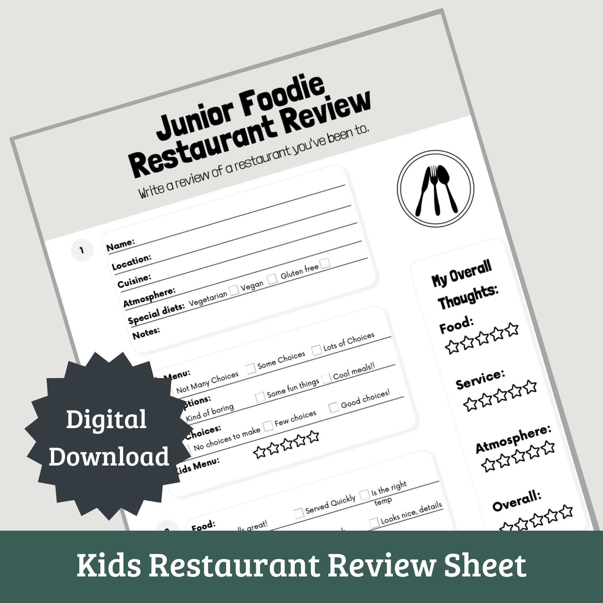 Junior Foodie Kids Restaurant Review Journal, Instant Download ...