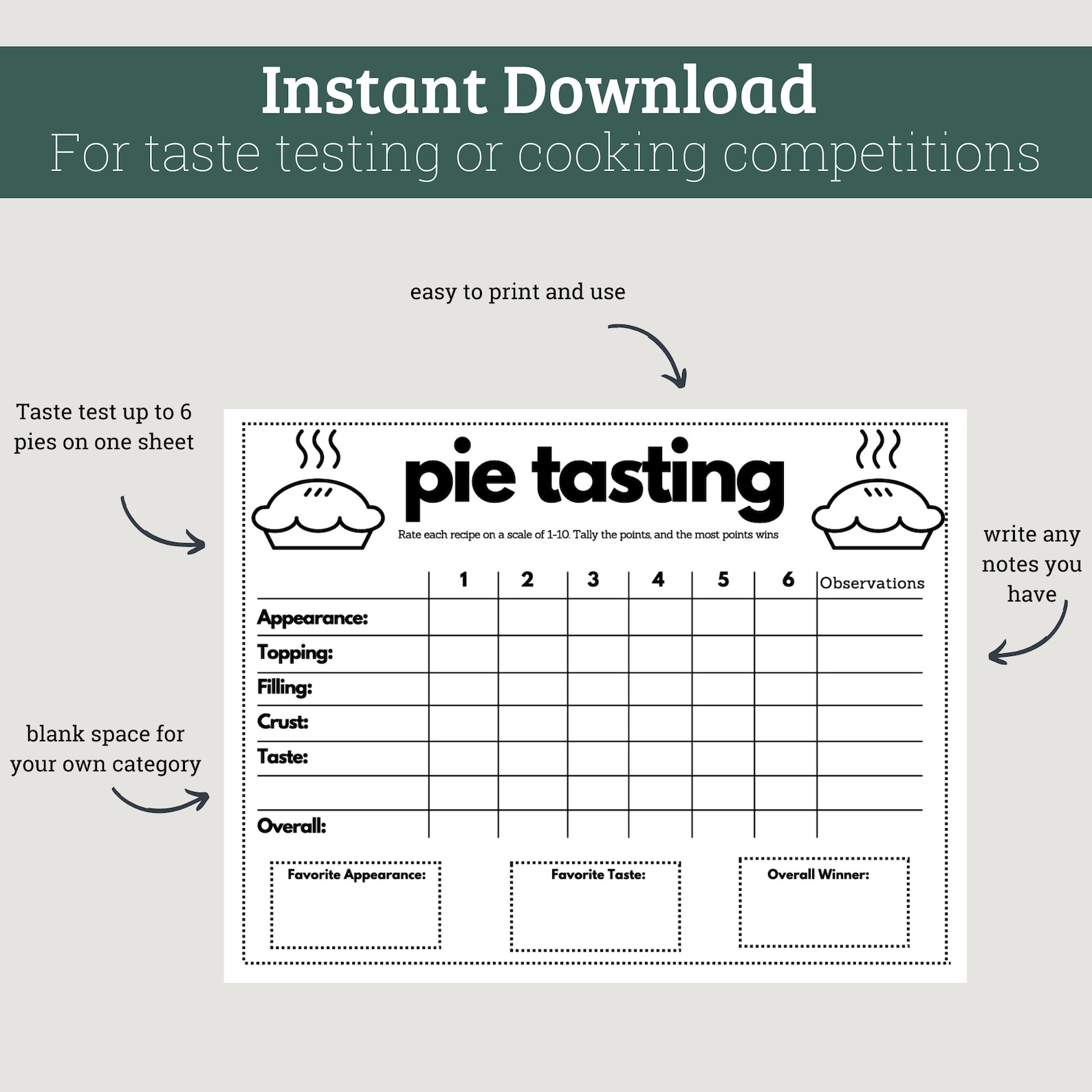 Pie Taste Testing Sheet for Pie Competitions, Baking Competitions, or ...