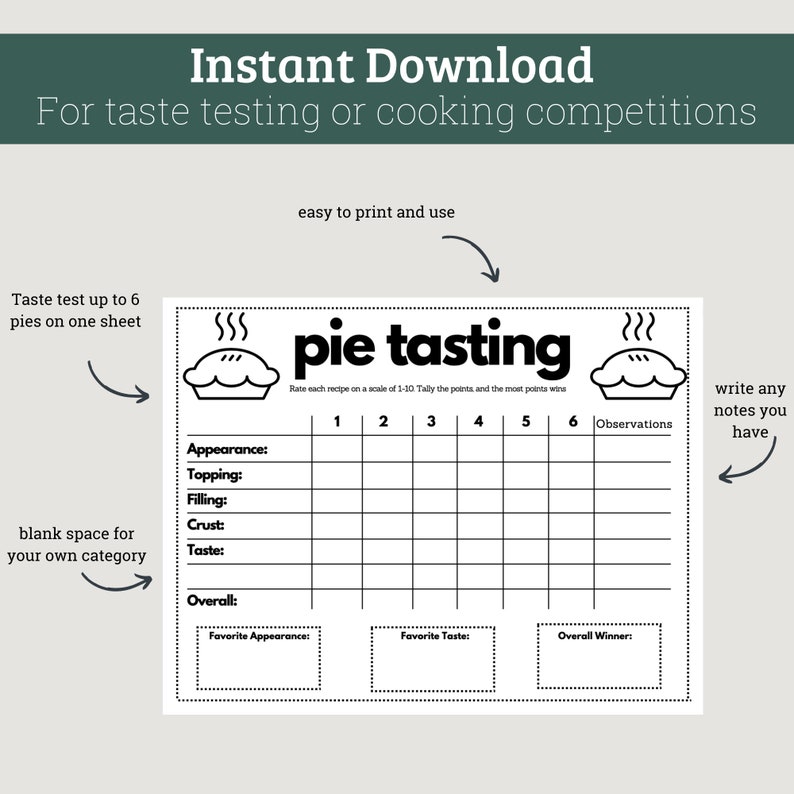 Pie Taste Testing Sheet for Pie Competitions, Baking Competitions, or ...