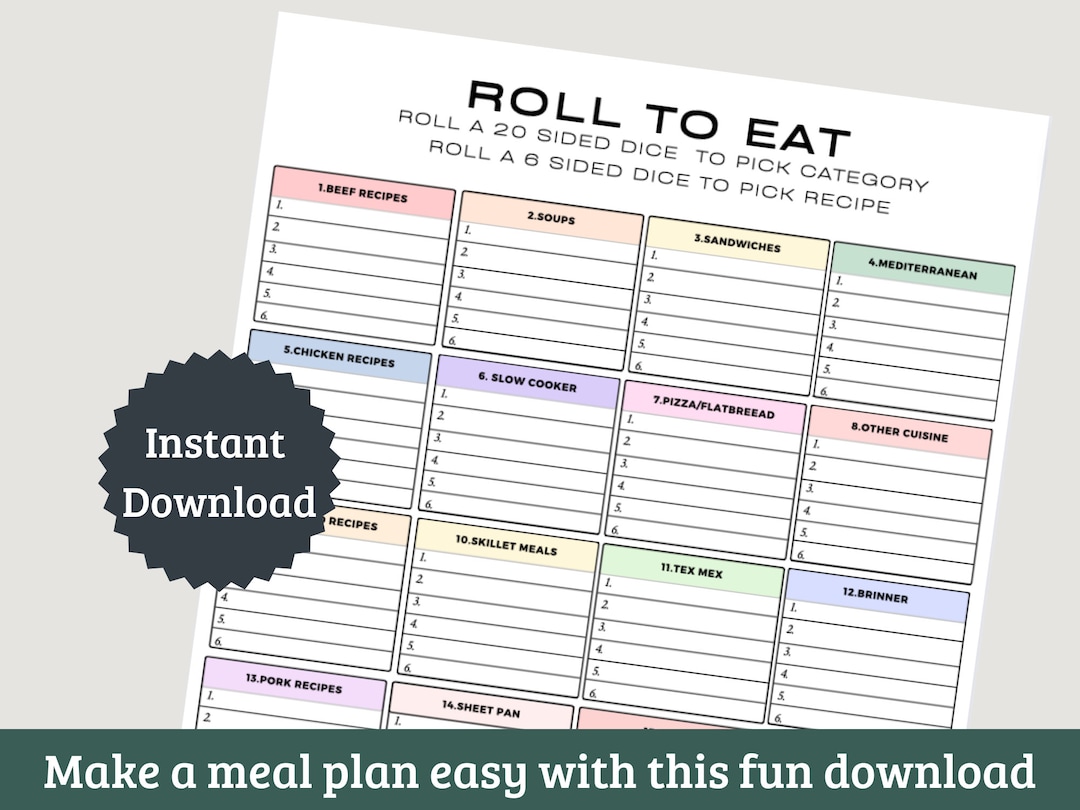 Roll A Dice Meal Planner Instant Download Printable - Foodie Game, Meal ...