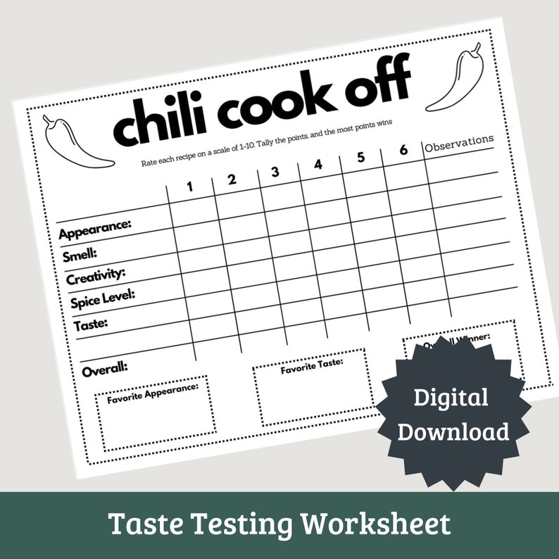 Chili Cook-off Taste Testing Scorecard Printable for Parties and ...