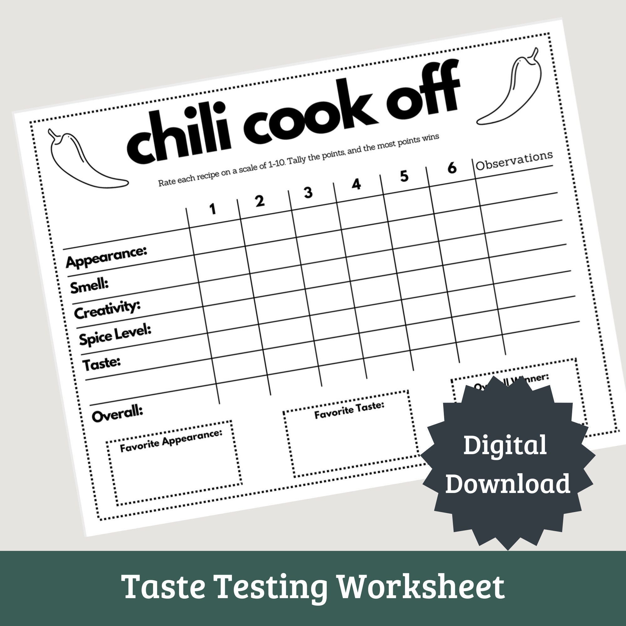 Chili Cook-off Taste Testing Scorecard Printable for Parties and ...