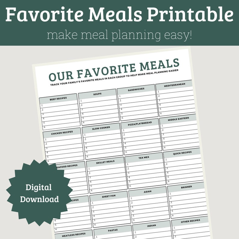 Favorite Meals Meal Planning Printable Worksheet - Etsy