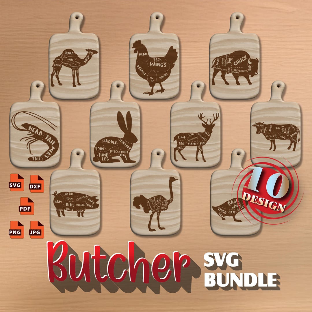 Butcher Diagram SVG Bundle - 10 Meat Cut Charts and Animal Cut Guide ...