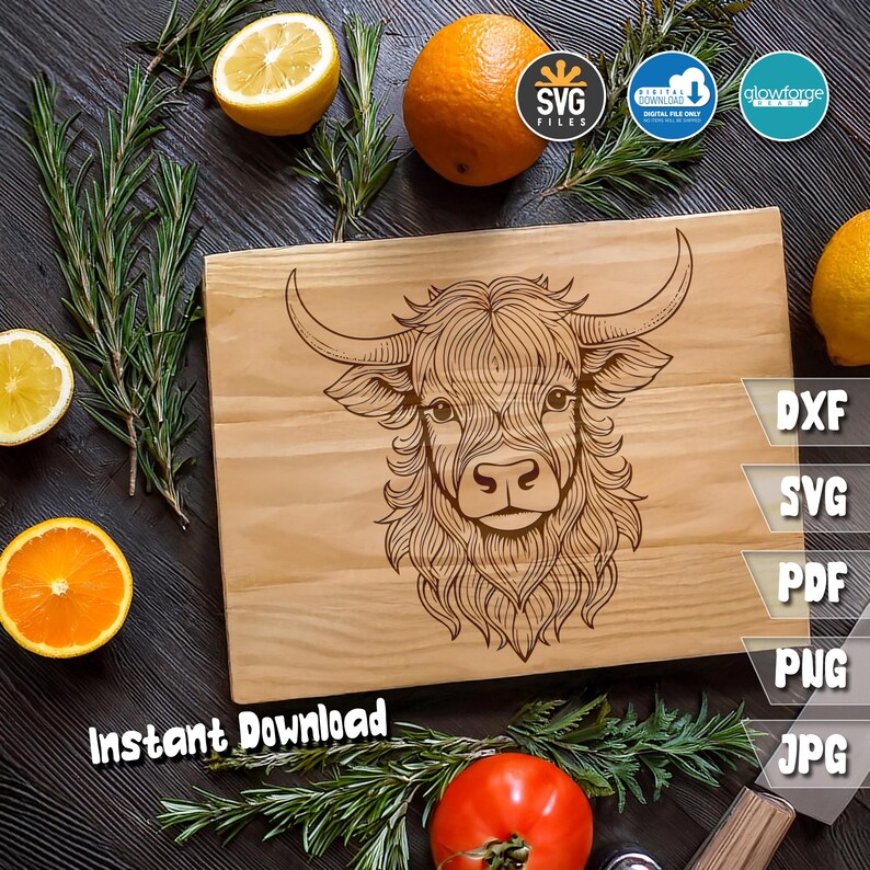 Highland Cow SVG: Rustic Kitchen Decor, Charcuterie Board Art (digital ...