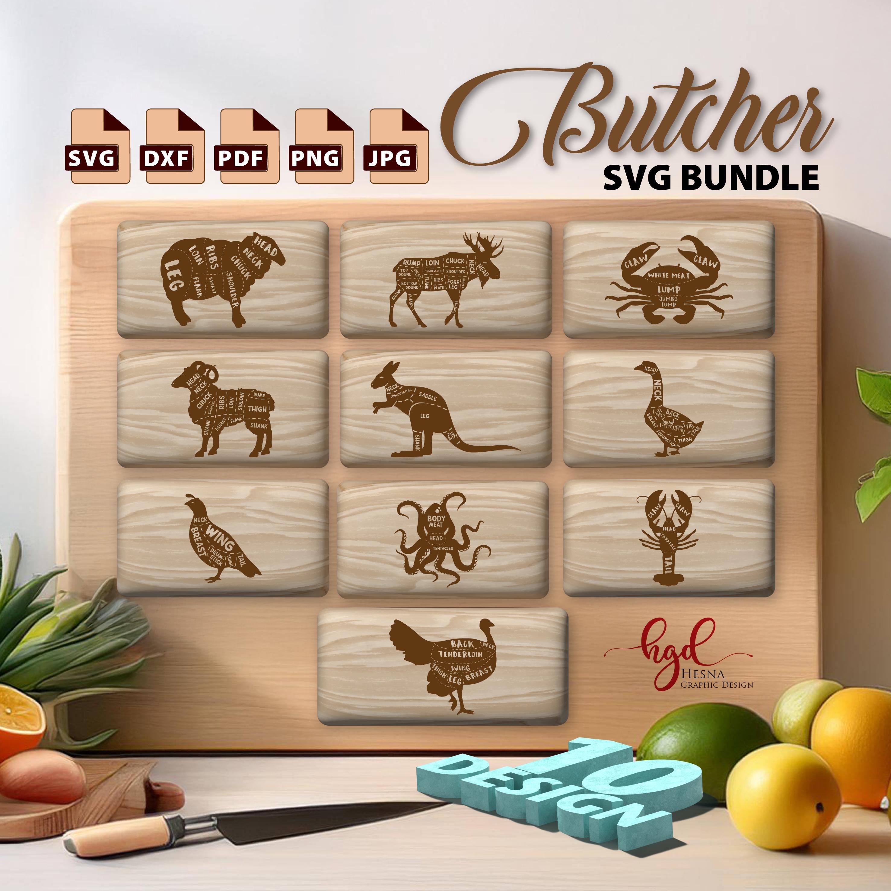 Butcher Diagram Svg Pack, 10 Meat Cut Charts & Animal Cut Guide ...