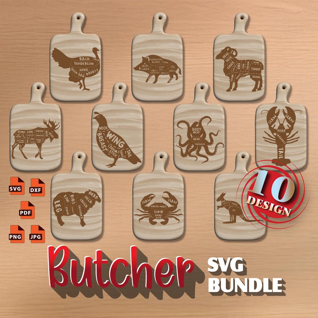 Butcher Diagram Svg Pack, 10 Meat Cut Charts & Animal Cut Guide ...