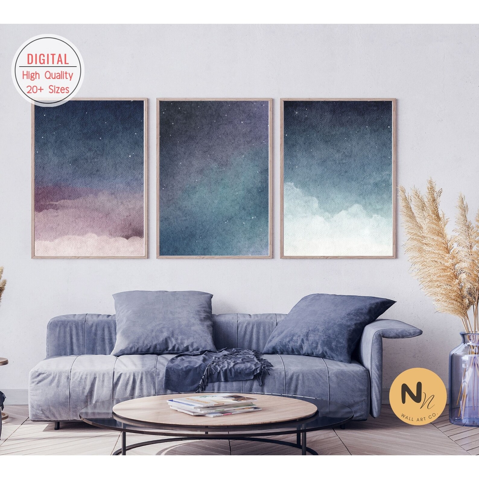 Blue Sky Art Prints Set of 3, Night Sky Posters, Starry Night Wall Art ...