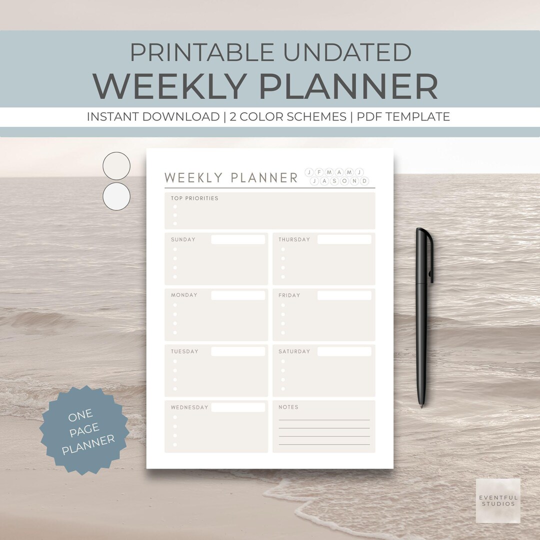Printable Undated Weekly Planner | Minimal Single Page Task List ...