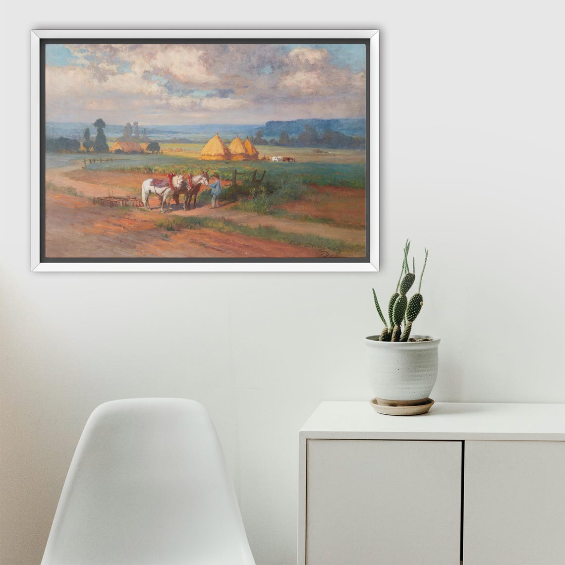 Farm Scene With Haystacks and Horses, Framed Canvas Wall Art, Ready to ...